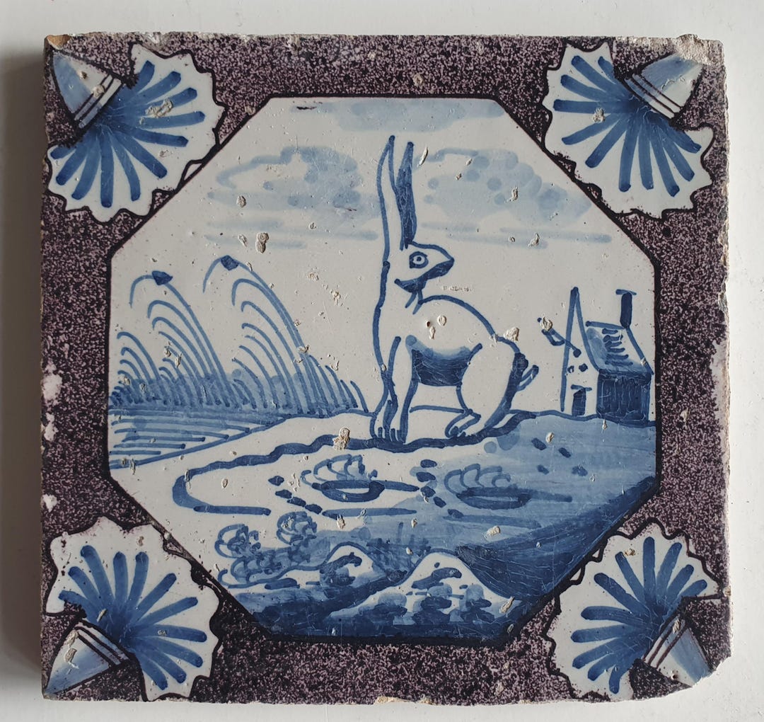 Nederlandse Antieke Tegel - Delft Blauw Met Mangaan Paars Gesprenkelde ...