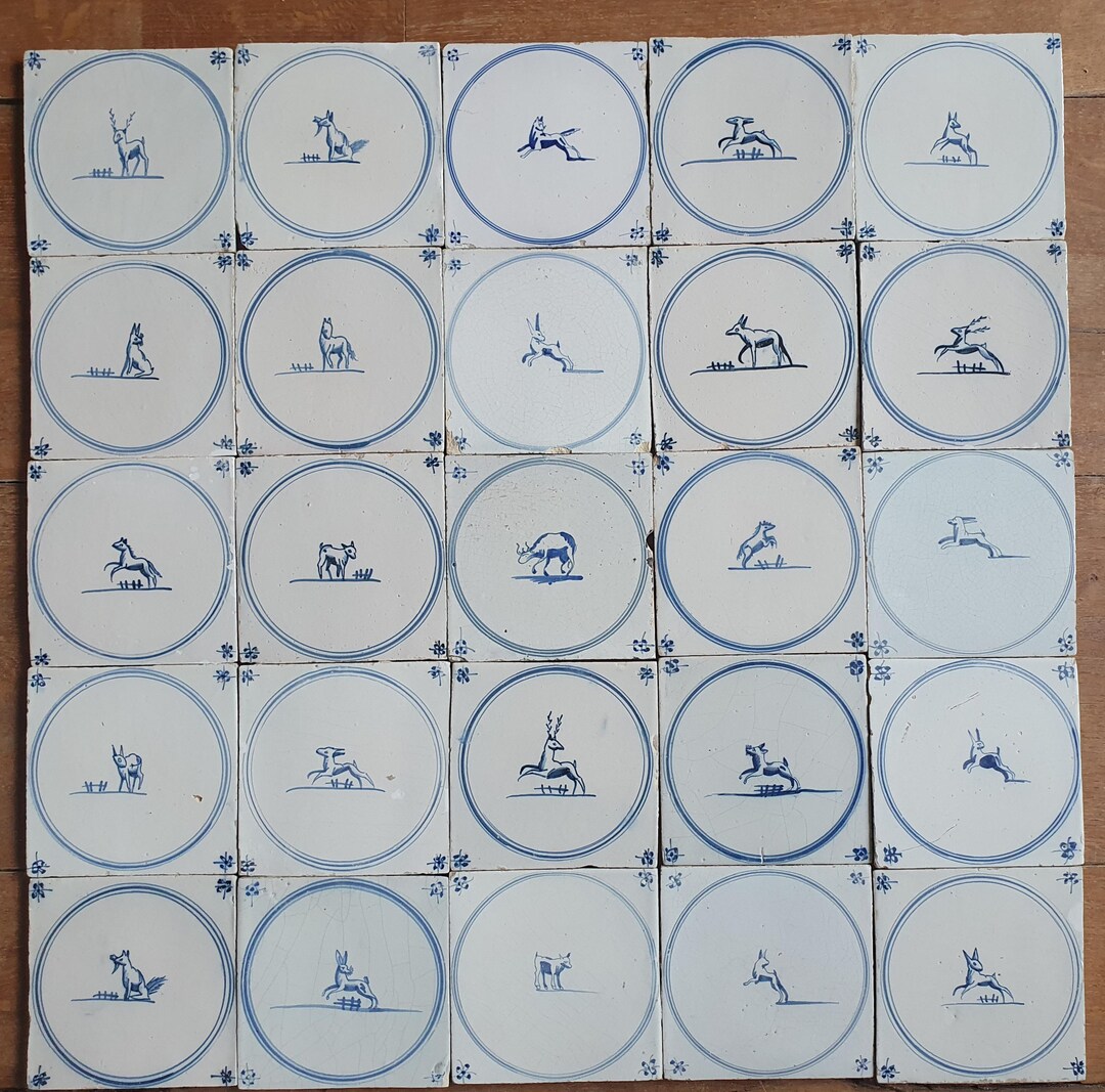 25 X Field of Antique Dutch Tiles With Animals 18th Antique Dutch Delft ...