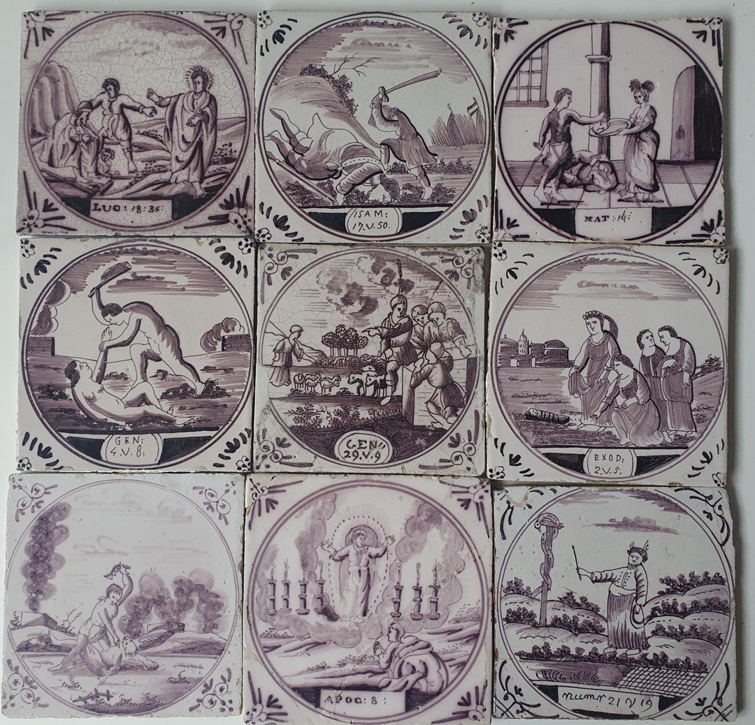 Nine 9 X 18th Century Antique Dutch Tiles Manganese Bible Biblical ...