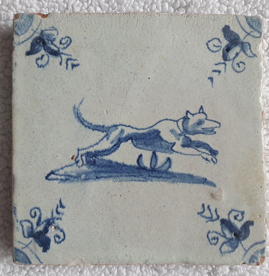 Antique Dutch Tile - Stunning Representation of a Dog With a Flower ...
