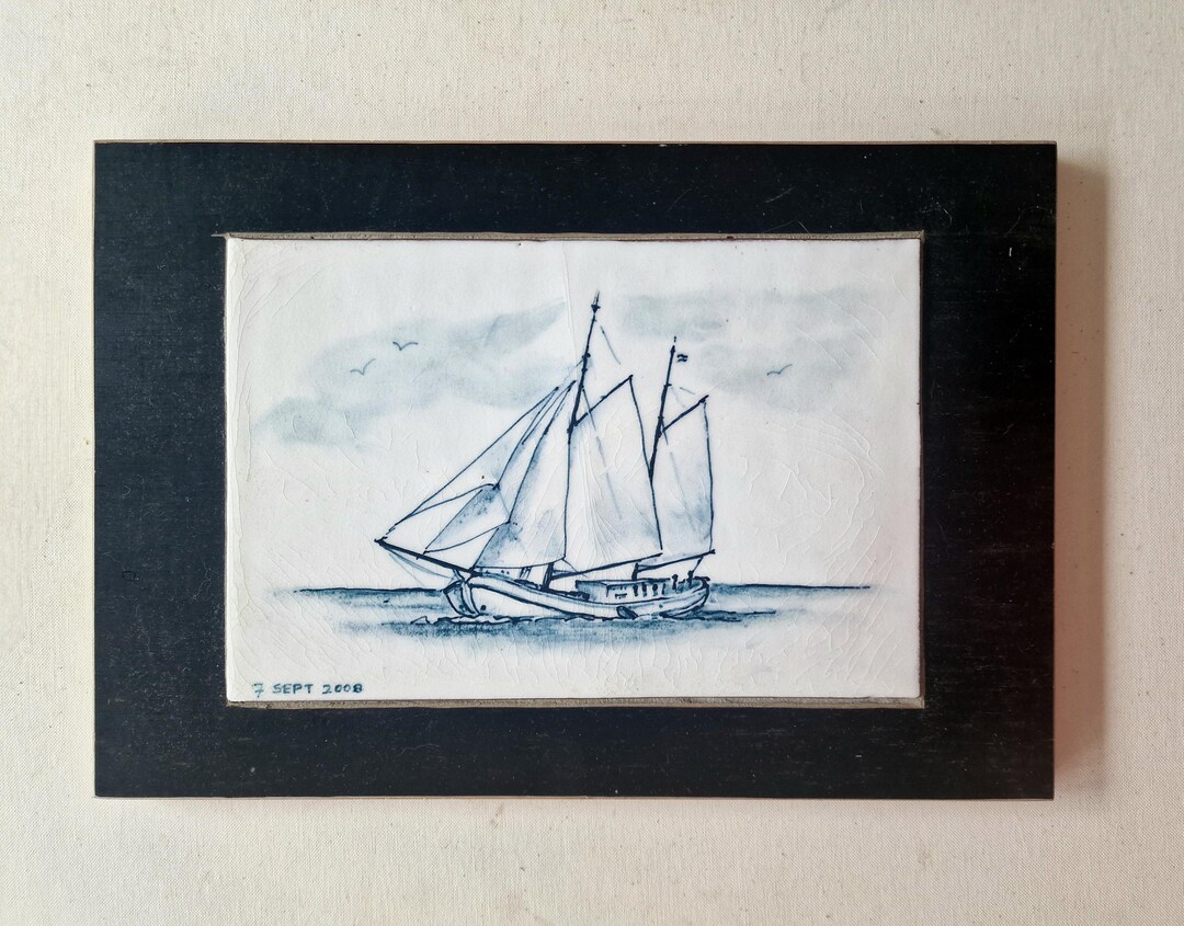 Delft Blue Sailing Ship Tile - Hand-painted Nautical Art, Framed - Etsy