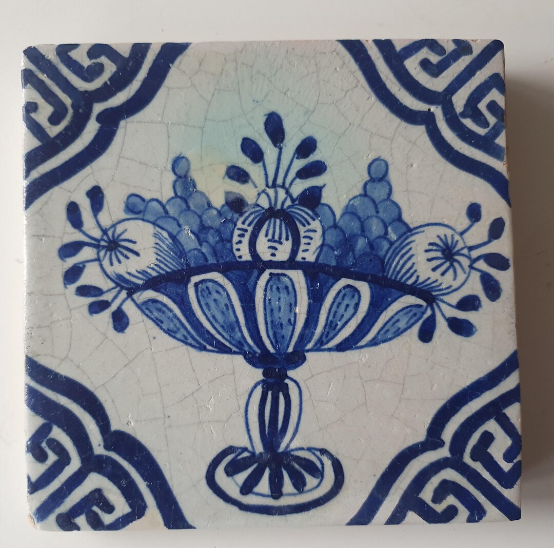 Antieke Delft Blauwe Nederlandse Tegel Met Fruitschaal , Dutch Tile ...