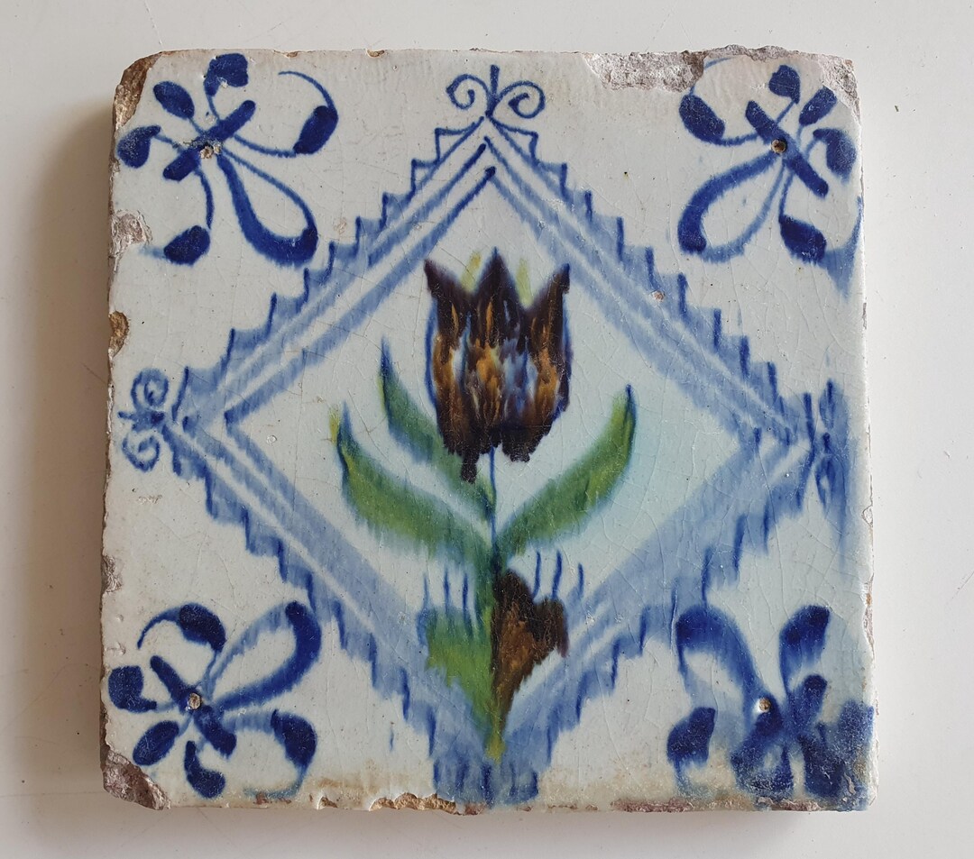 Tulip Delft Dutch Tile, Ca 1640, Polychrome, Diamond Square (kwadraat ...