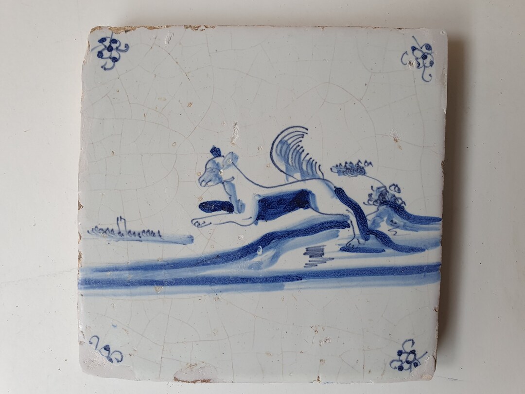 17th Century Antique Dutch Tile Animal Fox Spiderhead Motive Delft Blue ...