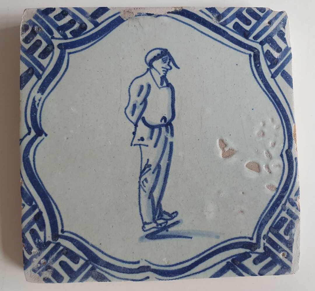 Antique Dutch Tile Man in Scalloped Frame With Meander Dated 1620-1650 ...