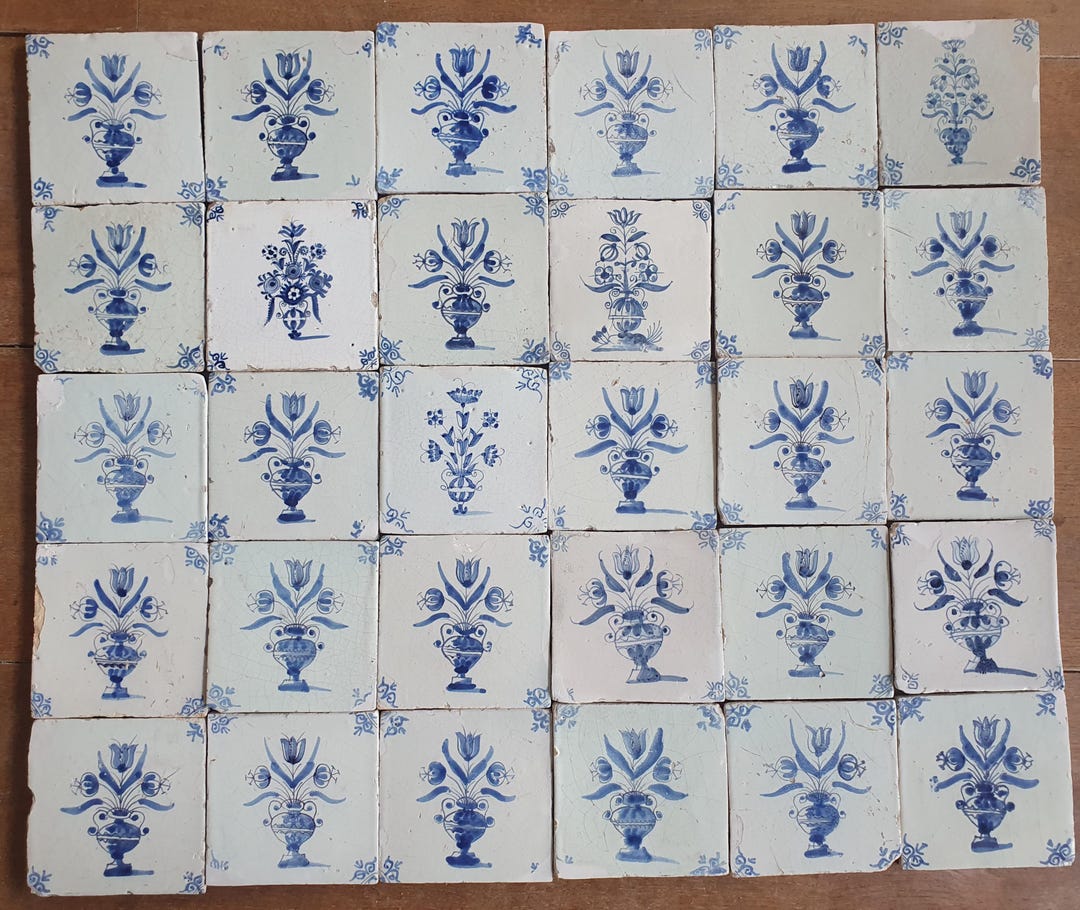 30 X 17th Century Dutch Delft Tulip Vase Flower Tiles Field Oxhead ...