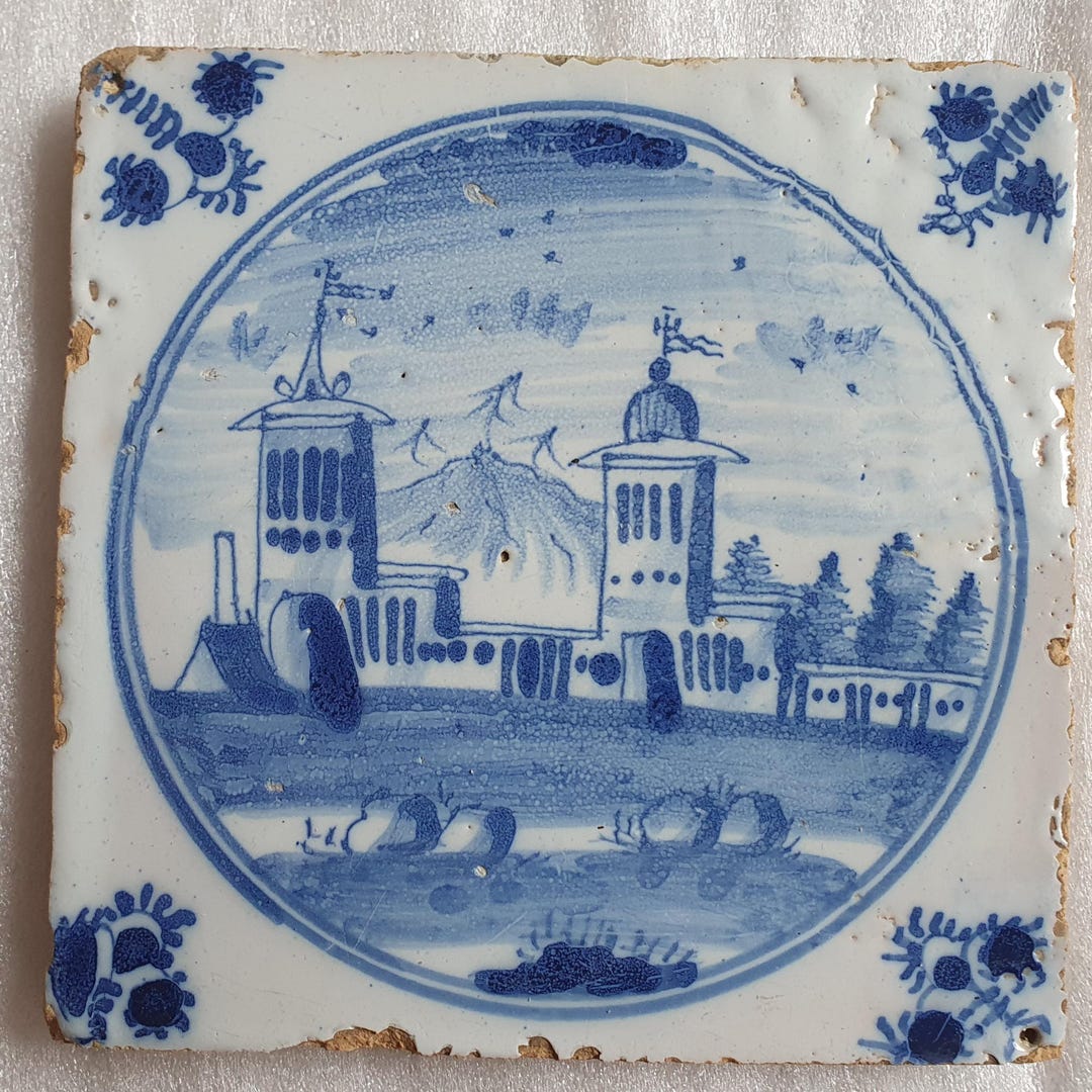 18th Antique Dutch Delft Circle Tile With a Castle 18th Century Blue ...