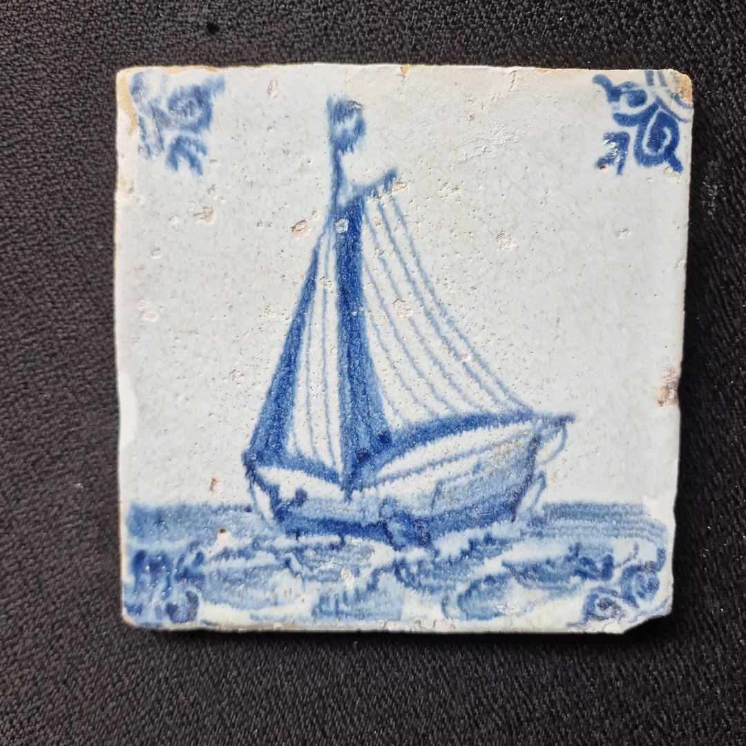 Dutch Delft Tile Boat Ship - Hollands Schip, Ossenkop Hoekmotief ...