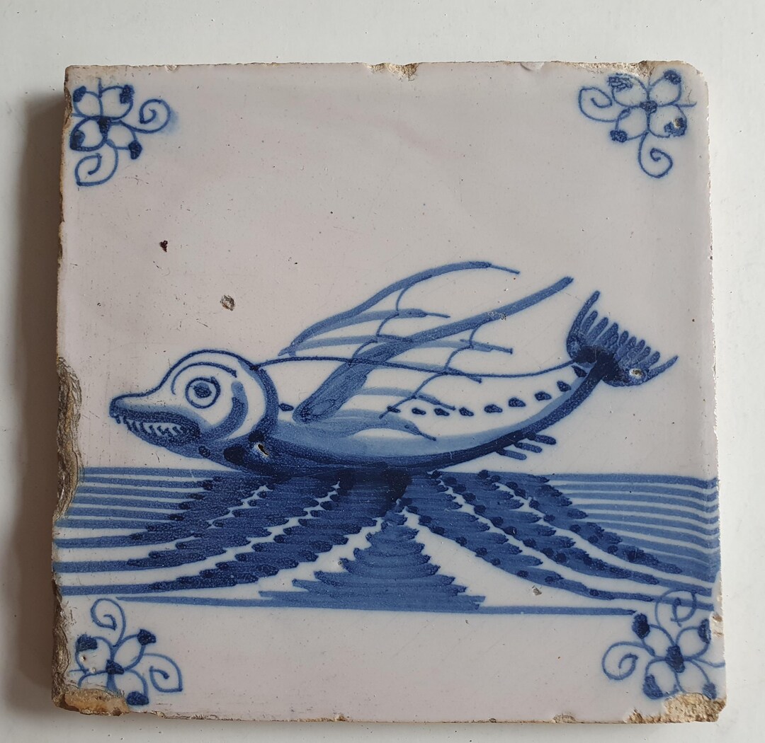 Fish Dutch Delft Blue Tile Nederlandse Tegel - Op Zee Grond, 18e Eeuw ...