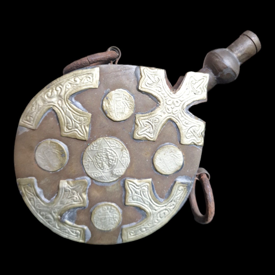 Antique Engraved Silver Tone and Bronze Gunpowder Flask- 20th Century ...