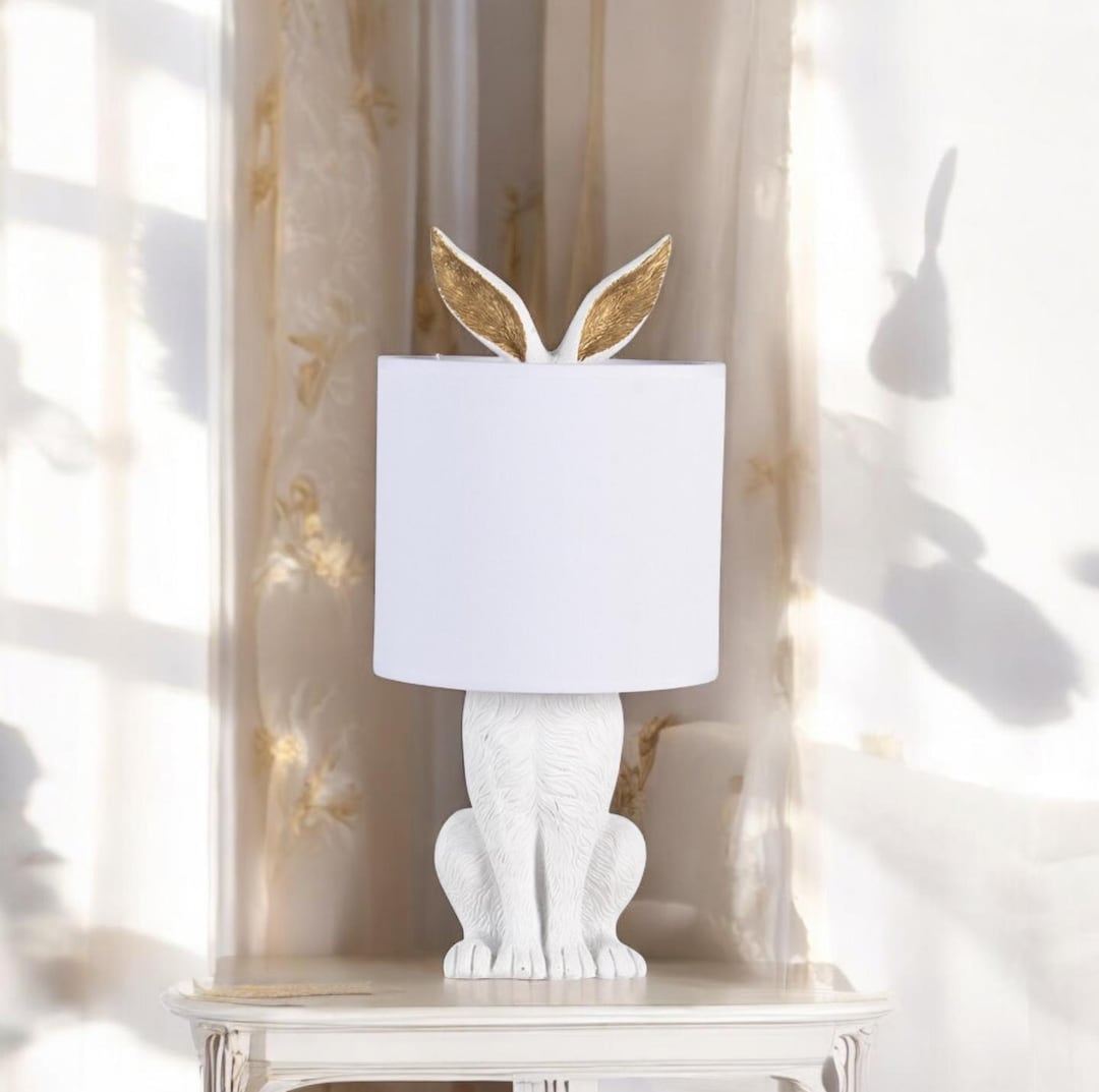 White Rabbit Table Lamp With Gold Ears, Nursery Decor - Etsy