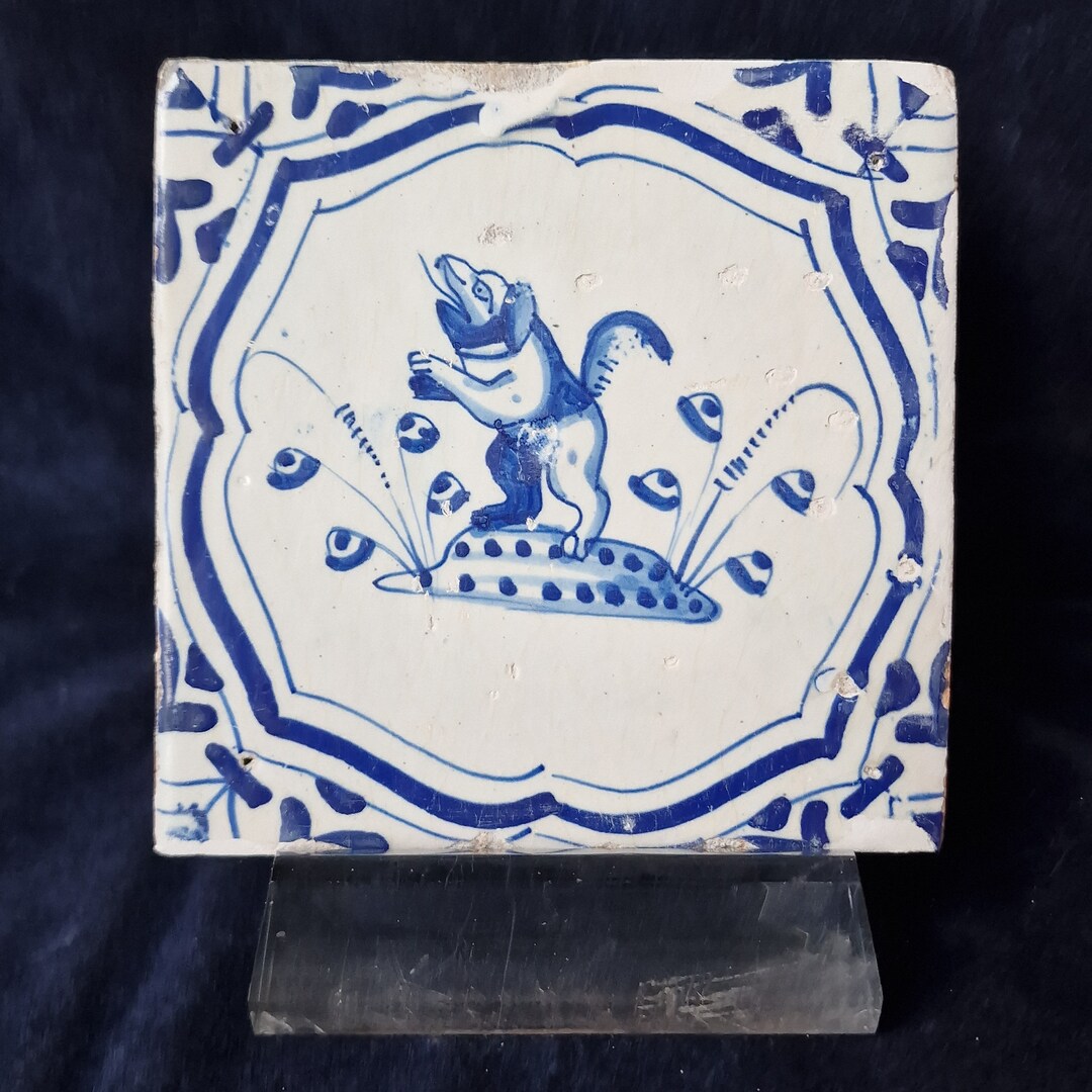Antique Dutch Delft Blue Tile - Representation of a Mythical Creature ...