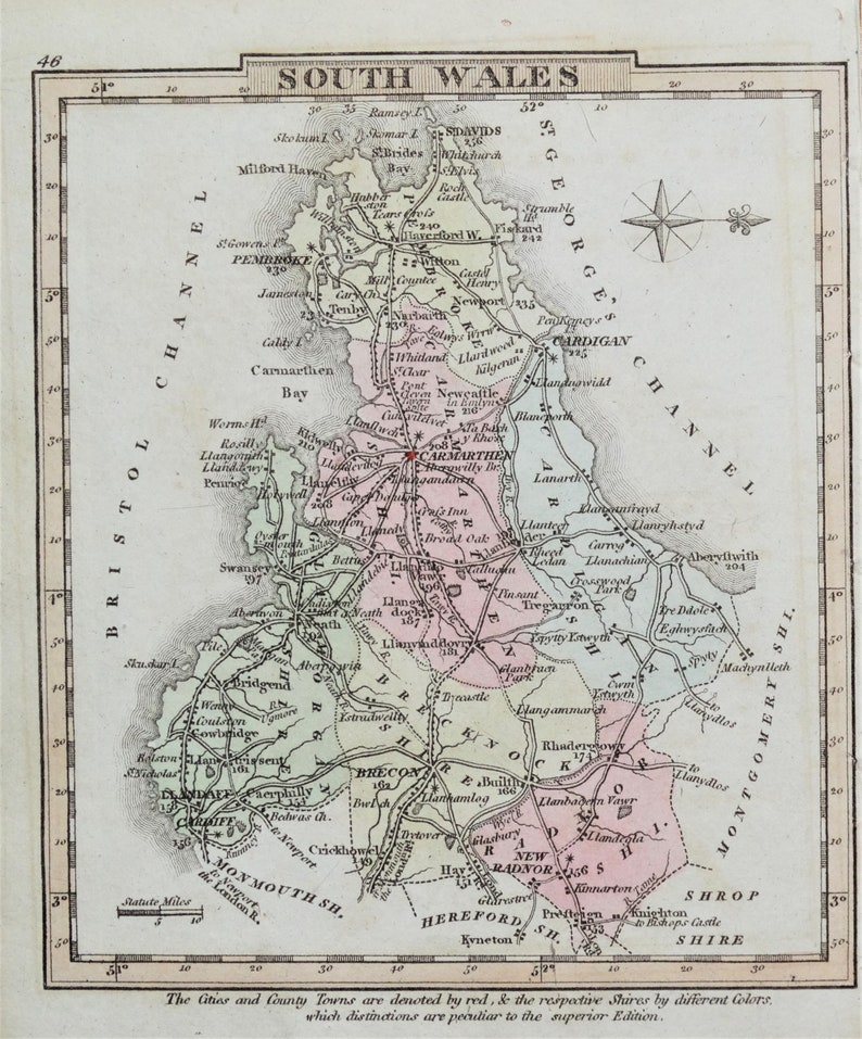 Antique Map SOUTH WALES George Gray,original Hand Coloured County Map ...