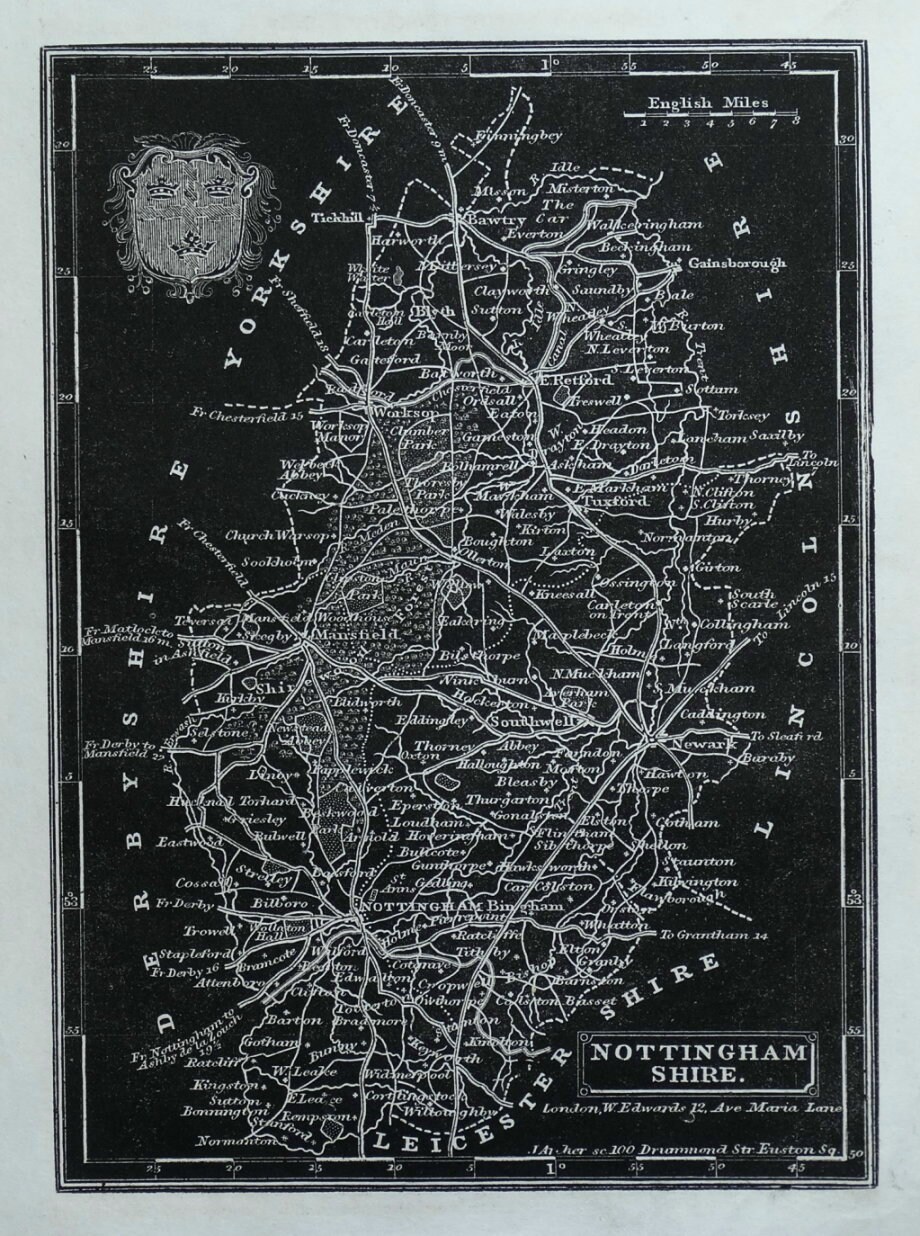 NOTTINGHAMSHIRE Pinnock White on Black Original Antique Map - Etsy