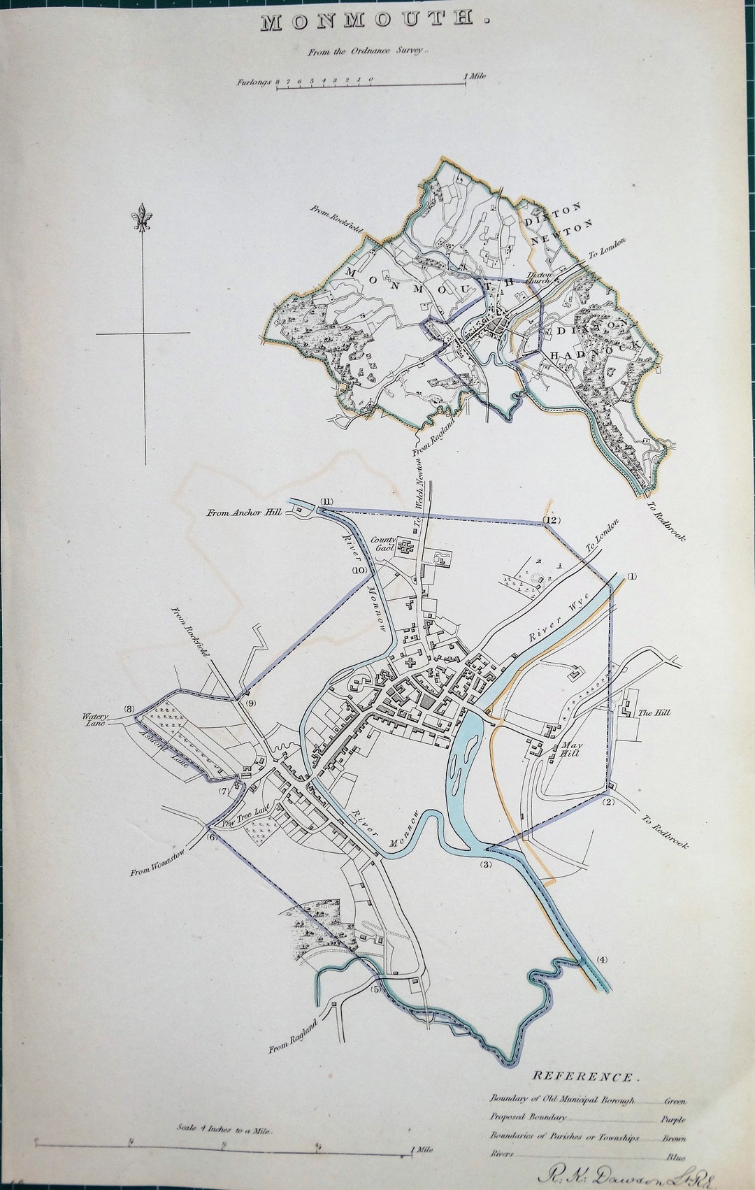 Antique Map MONMOUTH, WALES, Original Street Plan, Dawson Original 1832 ...