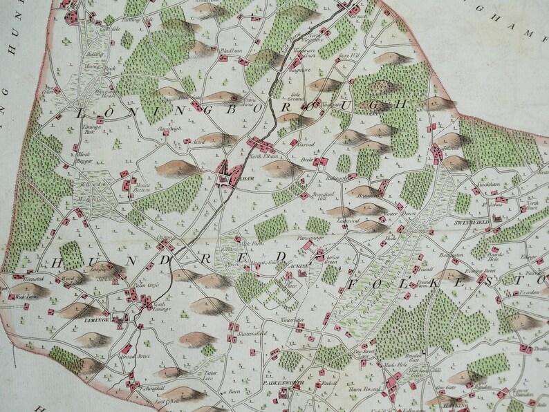 Antique Map FOLKESTONE HUNDRED, Hawkinge, Alkham, Elham, Swingfield ...