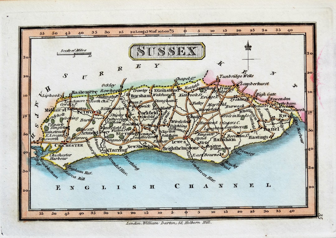Antique Map SUSSEX, Darton Hand Coloured Original Miniature County Map ...