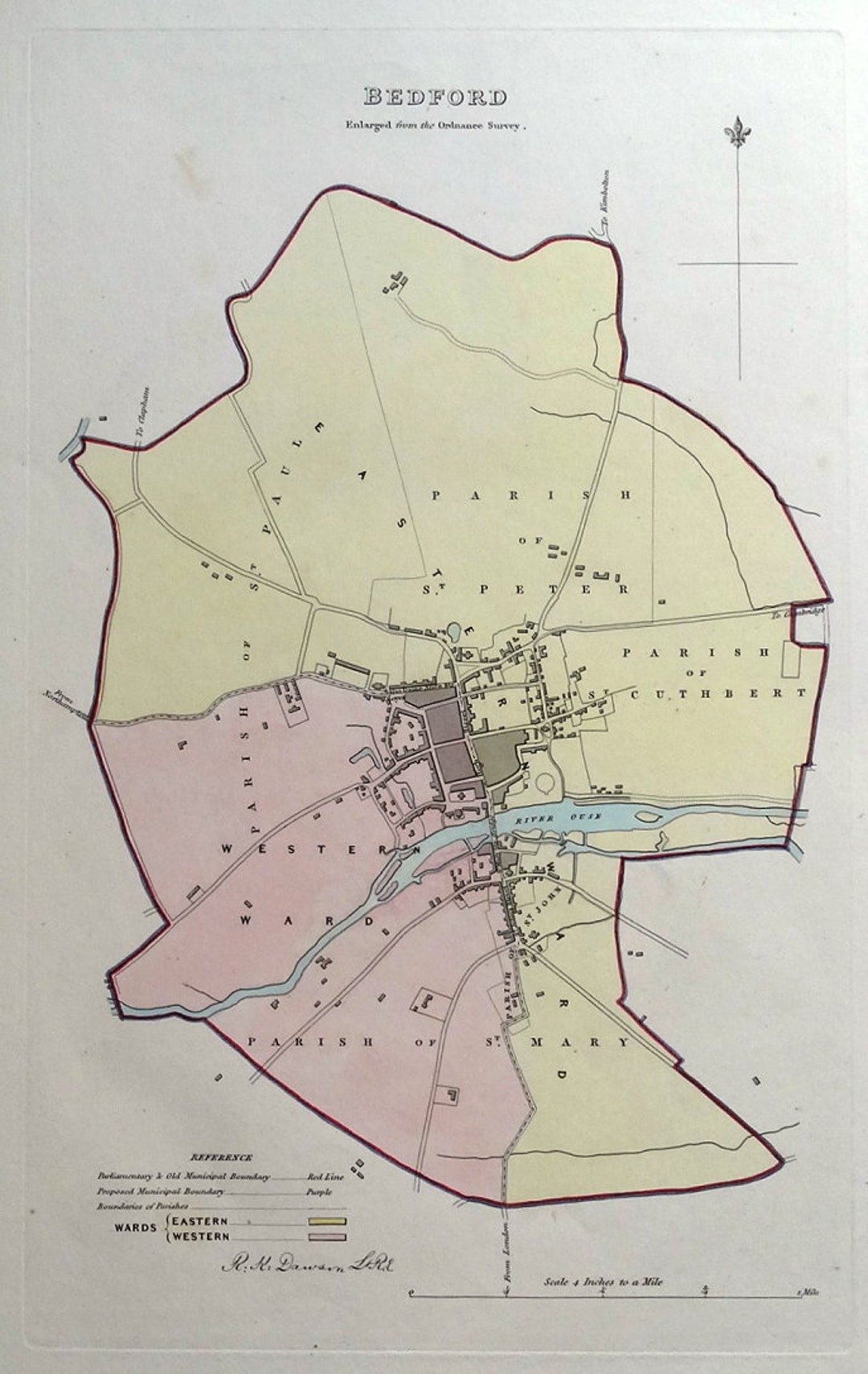 Antique Map BEDFORD, BEDFORDSHIRE, ENGLAND Street Plan Dawson Original ...