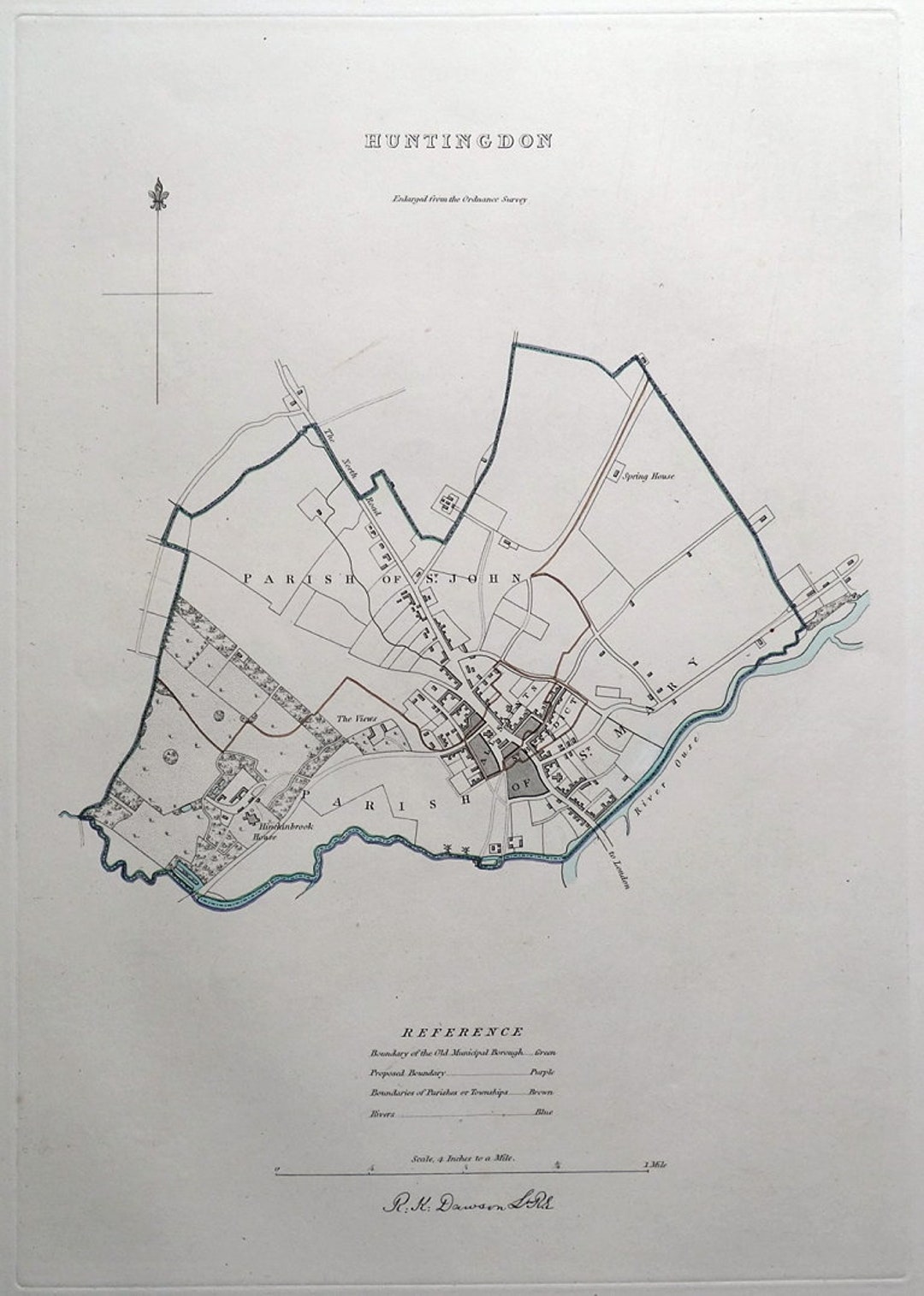 Antique Map HUNTINGDON, ENGLAND, UK, Street Plan, Dawson Original 1832 ...