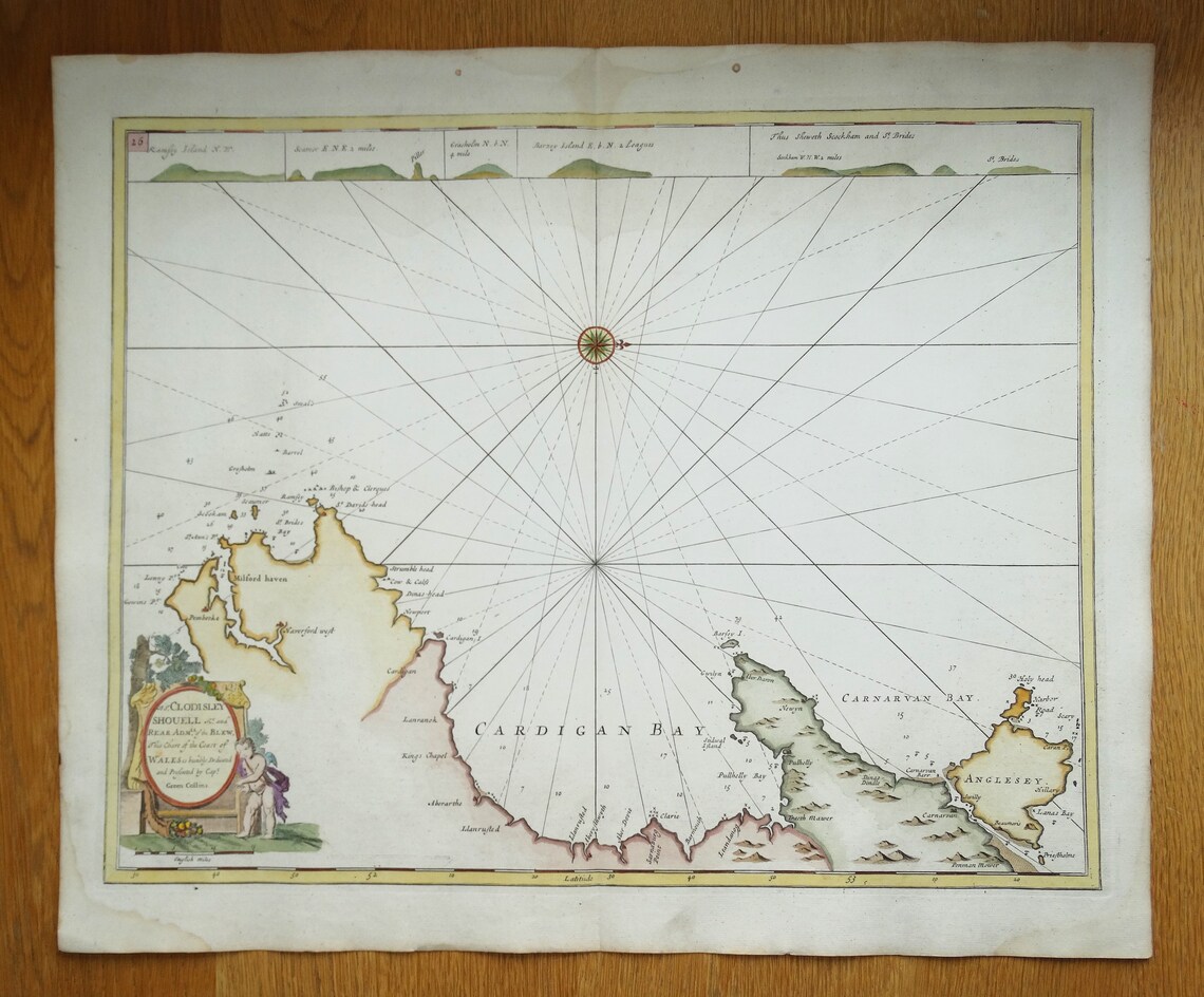 Antique Sea Chart WALES, Anglesey, Pembroke, Cardigan Bay, Collins ...