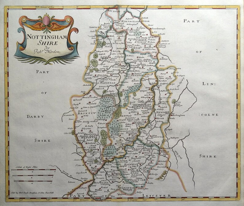 Antique Map NOTTINGHAMSHIRE, Robert Morden, Original Hand Coloured Map ...