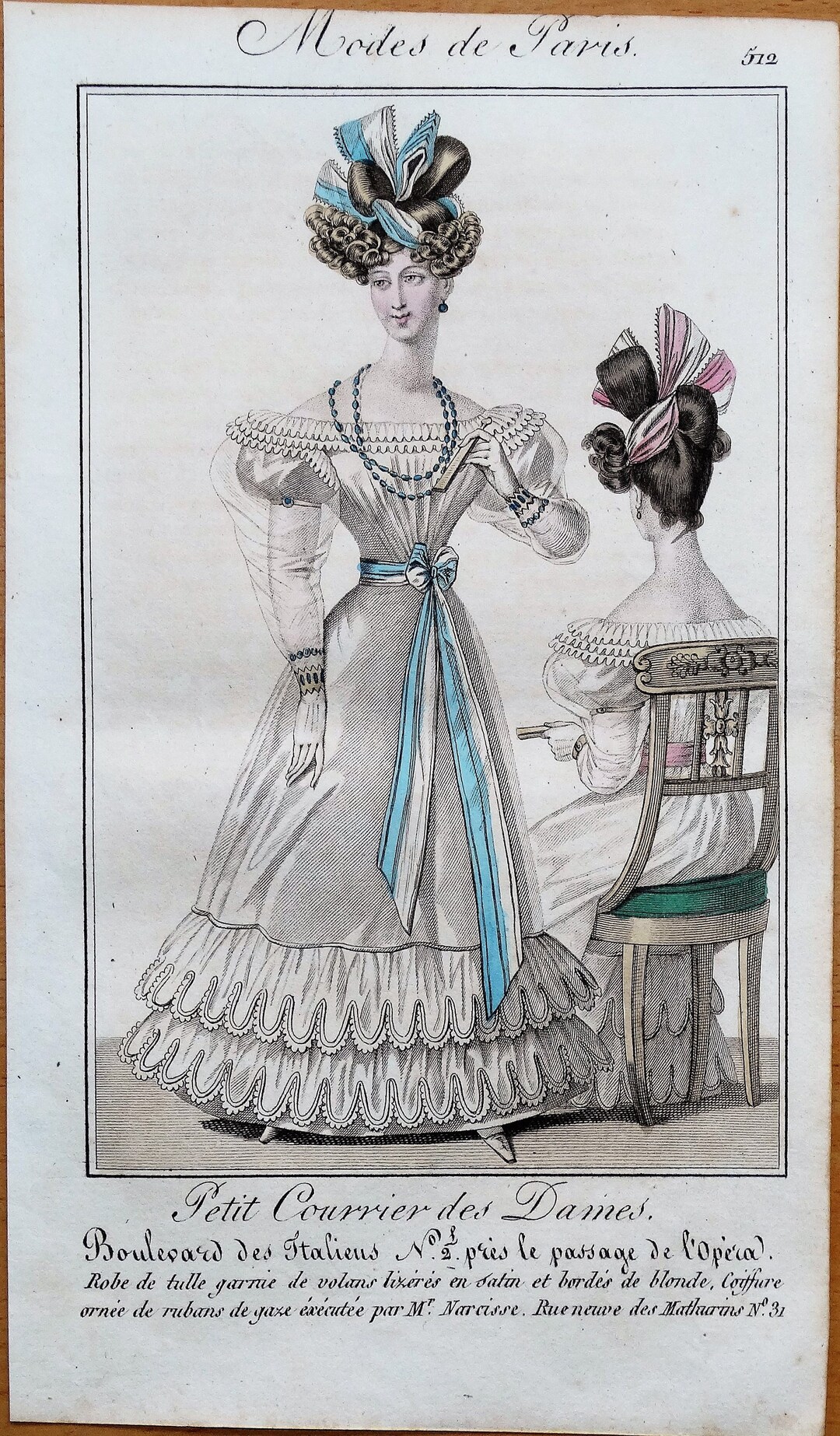 Antique Print PERIOD COSTUME, Ladies Opera Dress, Paris Fashion Plate ...