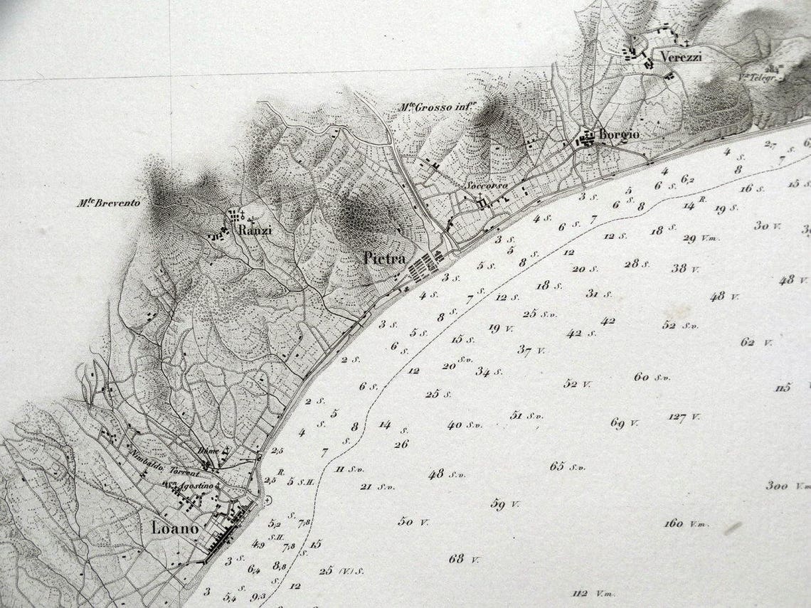 Antique Sea Chart RIVIERA DI PONENTE, Alassio Albenga Loano Imperia ...