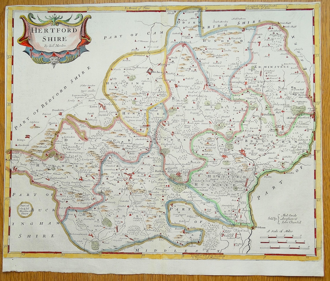 Antique Map HERTFORDSHIRE Robert Morden Original Old Vintage Map 1722 ...