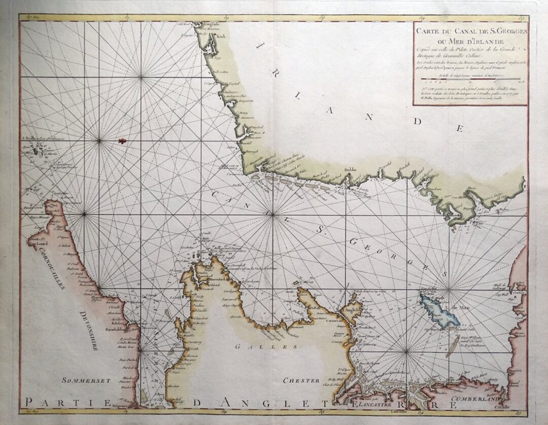 Antique Sea Chart IRISH SEA, St. George's Channel, Greenville Collins ...