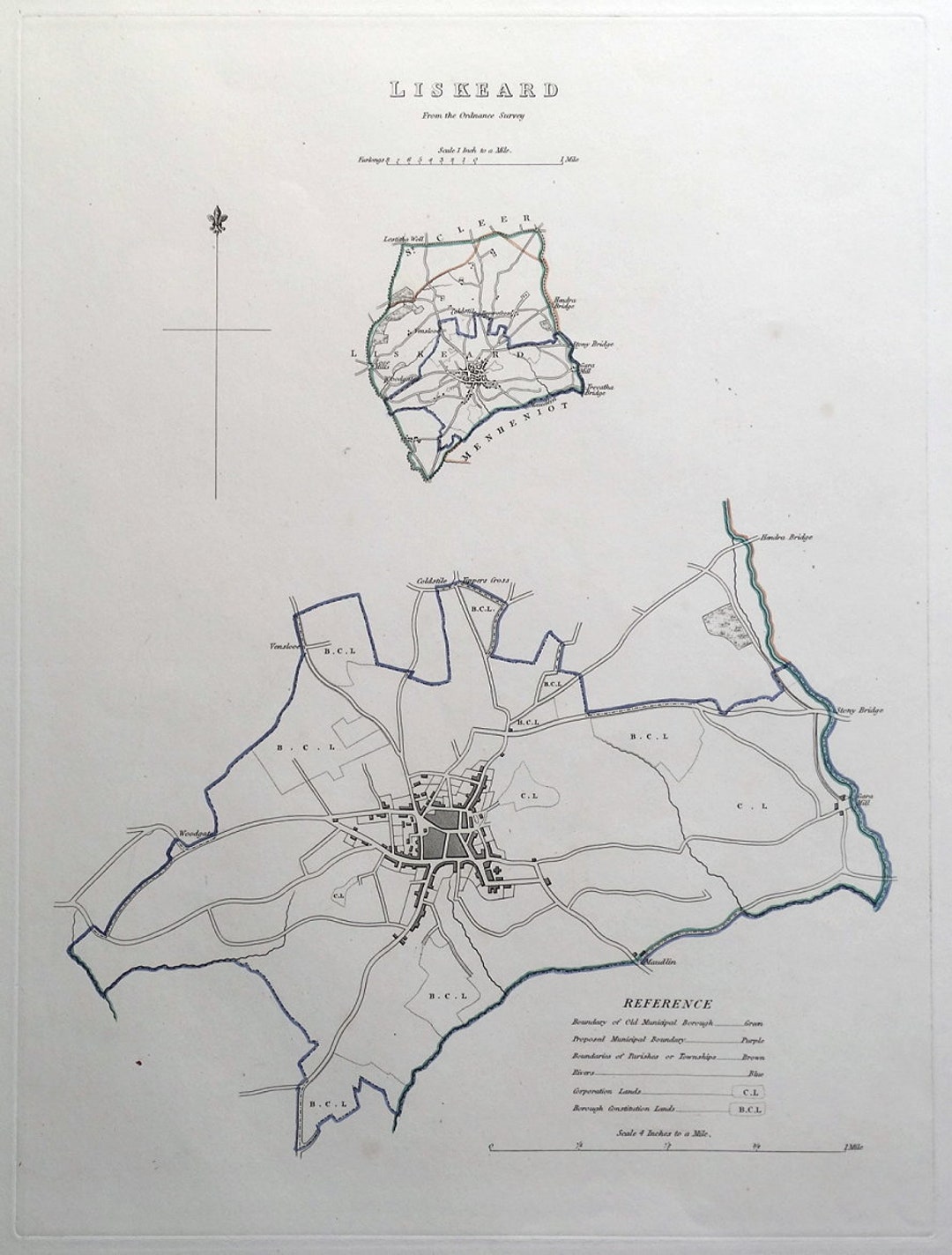 Antique Map LISKEARD, CORNWALL, Street Plan, Dawson Original 1832 - Etsy