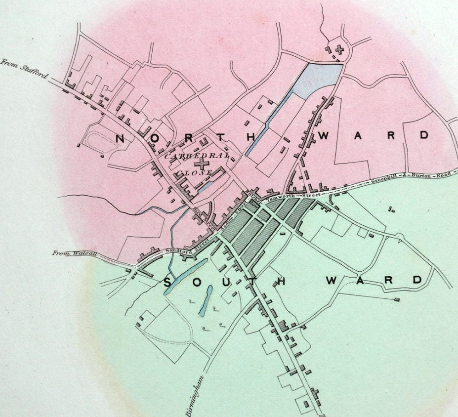Antique Map LICHFIELD, STAFFORDSHIRE, UK, Street Plan, Dawson Original ...