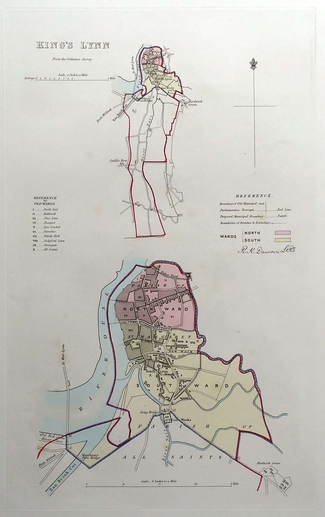 Antique Map KING'S LYNN, NORFOLK, England, Street Plan, Dawson Original ...
