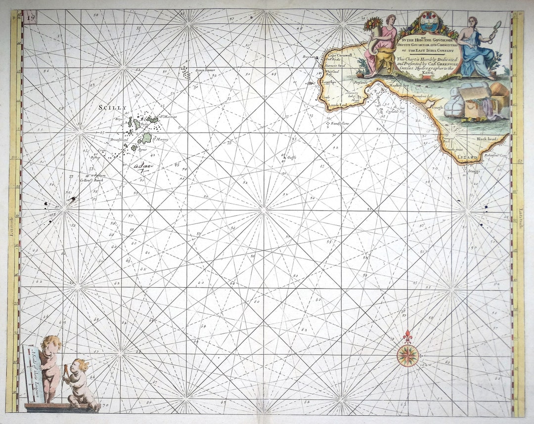 Antique Sea Chart SCILLY ISLES, CORNWALL, Land's End, Greenville ...
