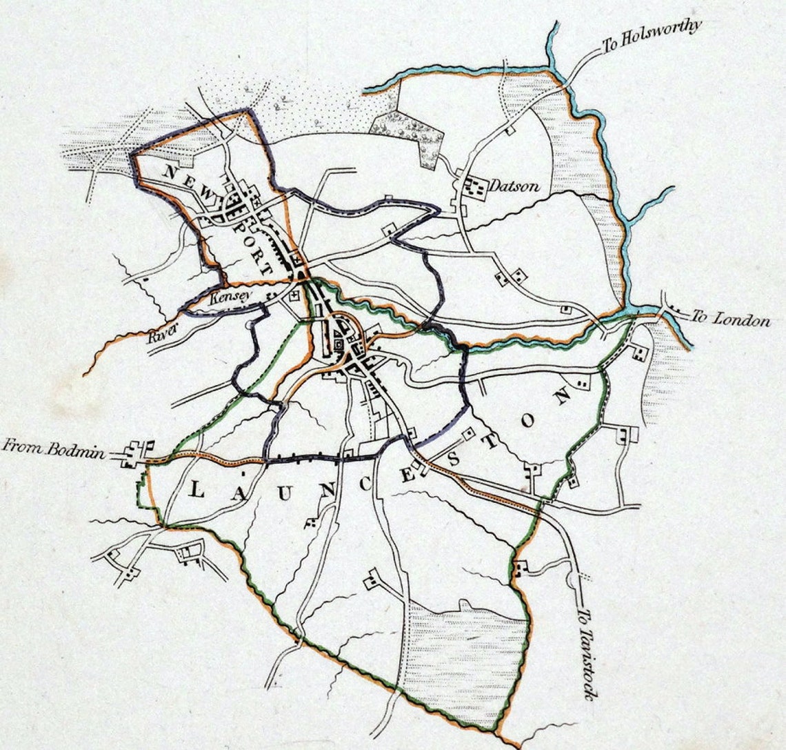 Antique Map LAUNCESTON, CORNWALL, UK, Street Plan, Dawson Original 1832 ...