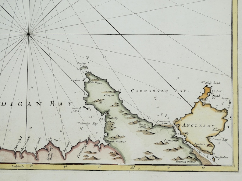 Antique Sea Chart WALES, Anglesey, Pembroke, Cardigan Bay, Collins ...