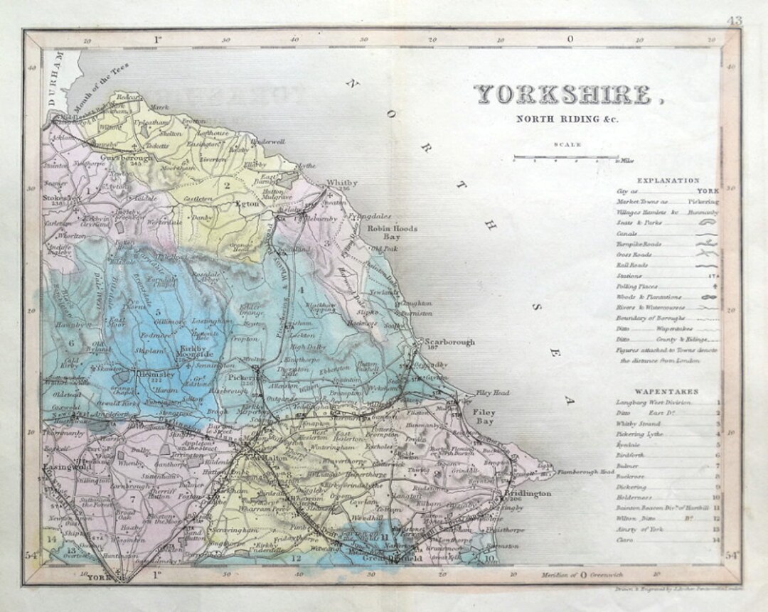 Antique Map YORKSHIRE, NORTH RIDING, East Part, J.archer Original ...