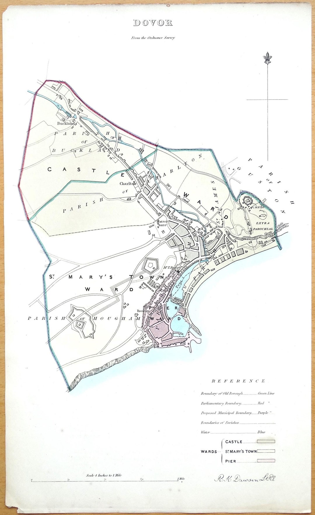 Antique Map DOVER KENT Town Street Plan Dawson Original Hand Coloured ...