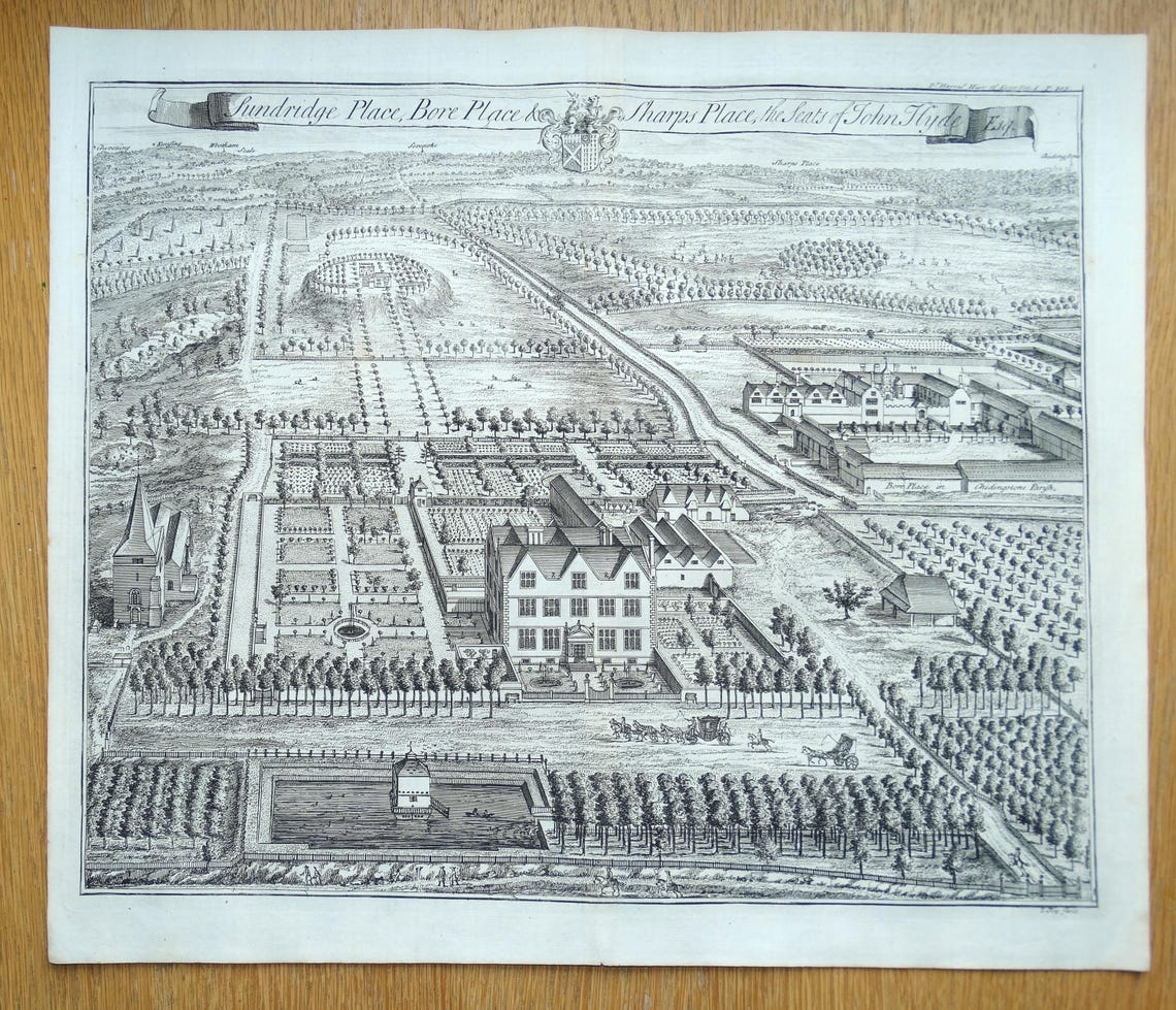 Antique Print SUNDRIDGE PLACE, Bore Place, Sharps Place, Chiddingstone ...