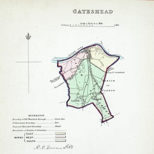 Antique Map GATESHEAD, Tyne & Wear, Original City Street Plan, Dawson ...