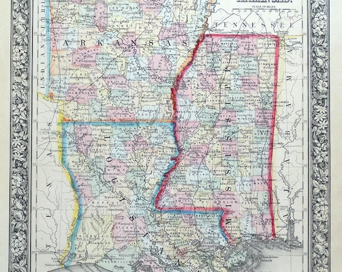 Antique Map of Louisiana, Mississippi, and Arkansas - 1864 Handcolored ...