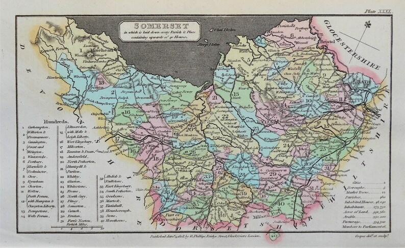 Antique Map SOMERSET, Capper Original Hand Coloured Antique County 1808 ...