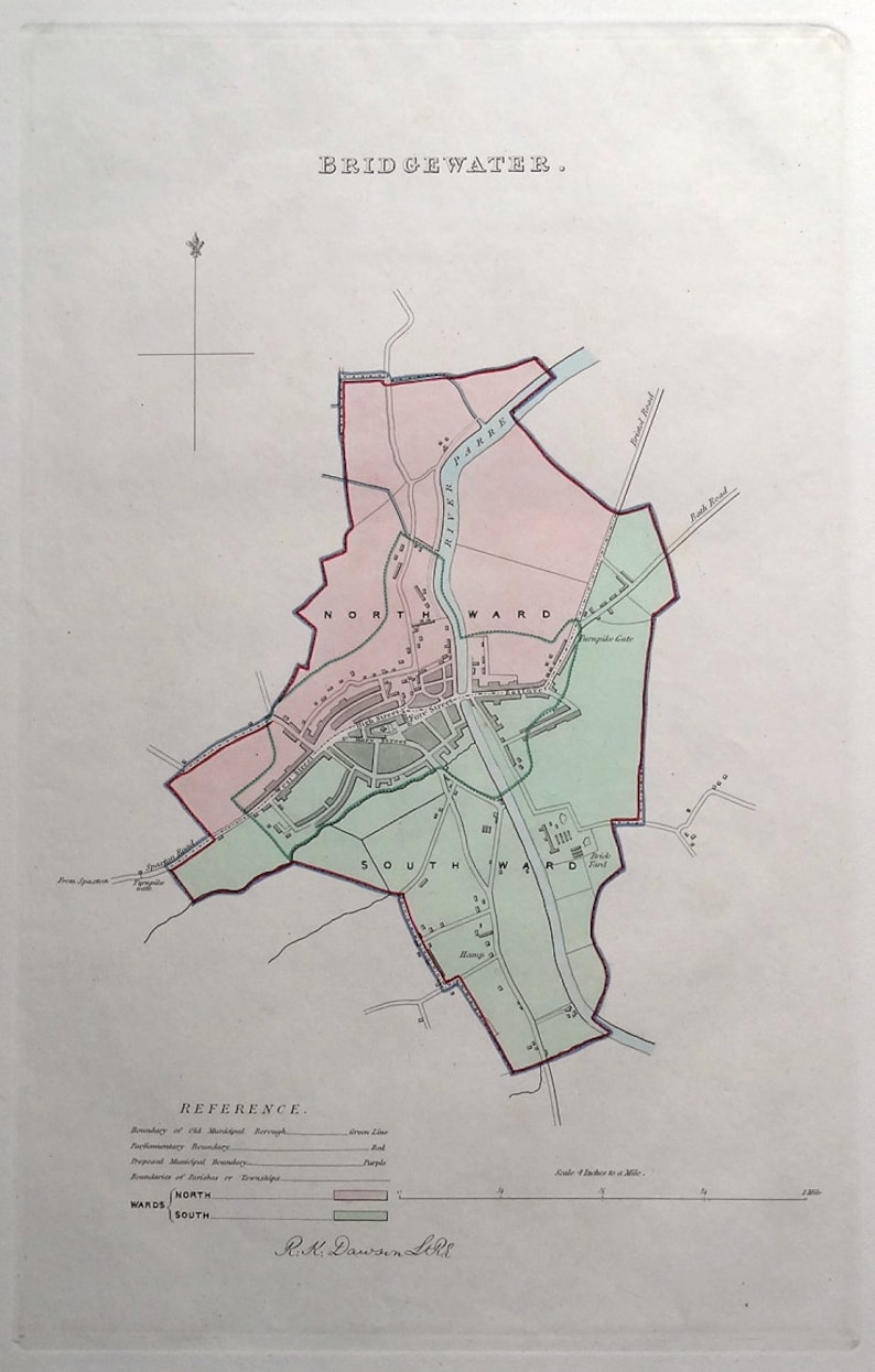 Antique Map BRIDGWATER, SOMERSET, ENGLAND, Street Plan, Dawson Original ...