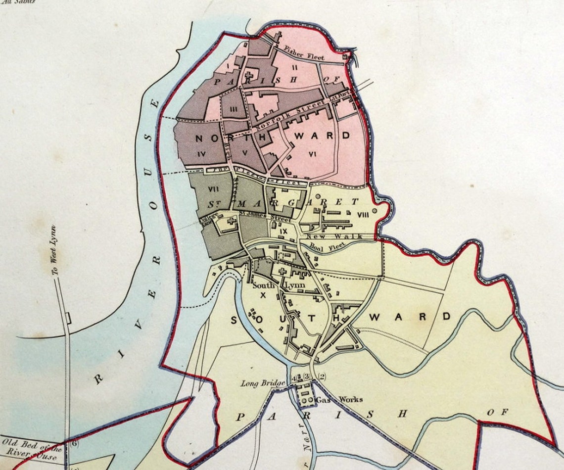 Antique Map KING'S LYNN, NORFOLK, England, Street Plan, Dawson Original ...