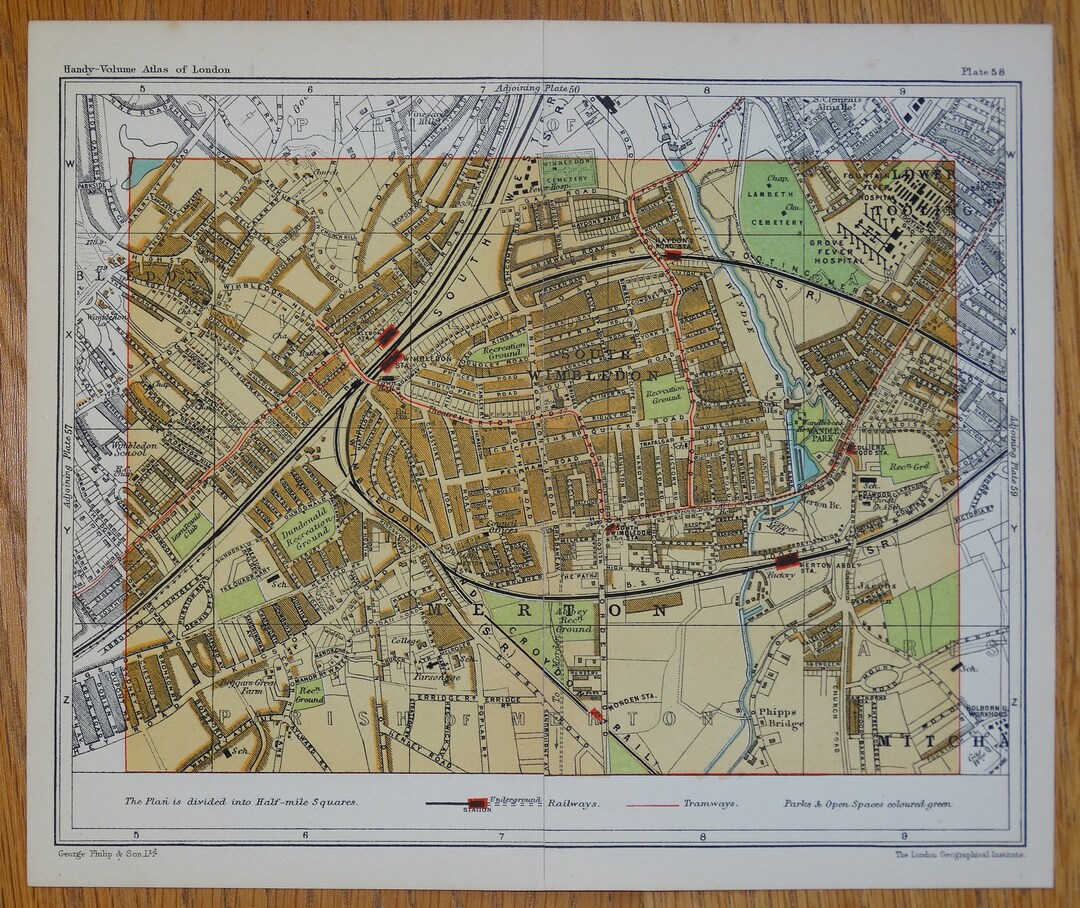 Antique Map MERTON, SOUTH WIMBLEDON, Lower Tooting, London Street Plan ...
