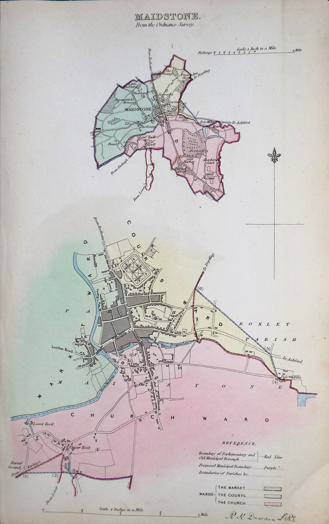 Antique Map Map MAIDSTONE,KENT, ENGLAND, Street Plan, Dawson Original ...