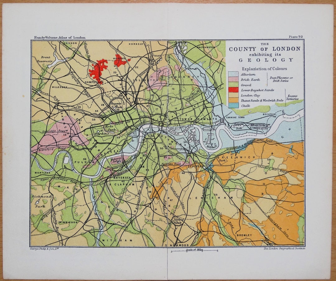 Antique London Geological Map City & Environs Old Vintage Print C1925 ...