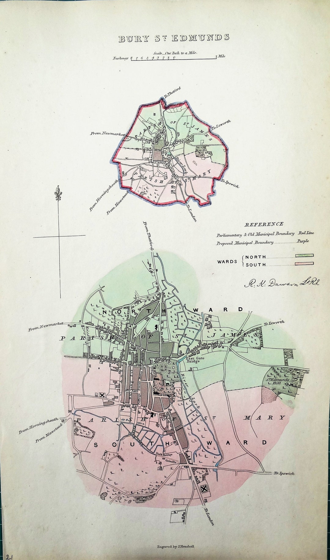Antique Map BURY St EDMUNDS,SUFFOLK, Original Street Plan, Dawson ...