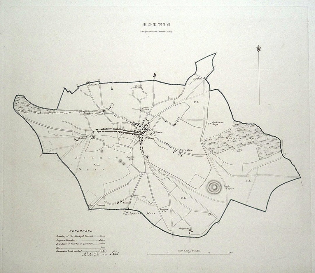 Antique Map BODMIN,CORNWALL, ENGLAND, Street Plan, Dawson Original 1832 ...