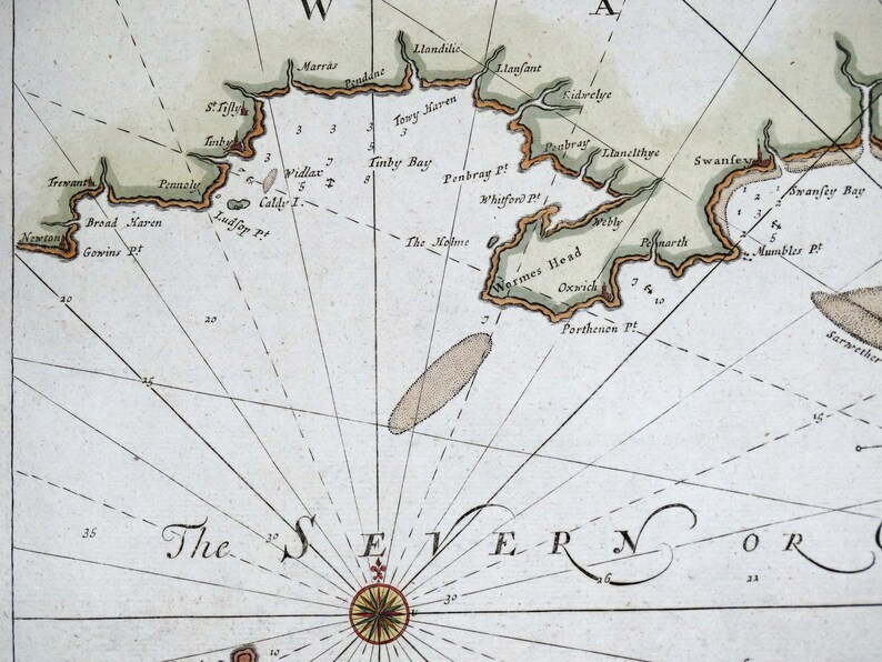 Antique Sea Chart BRISTOL CHANNEL, N.devon, S.wales Greenville Collins ...