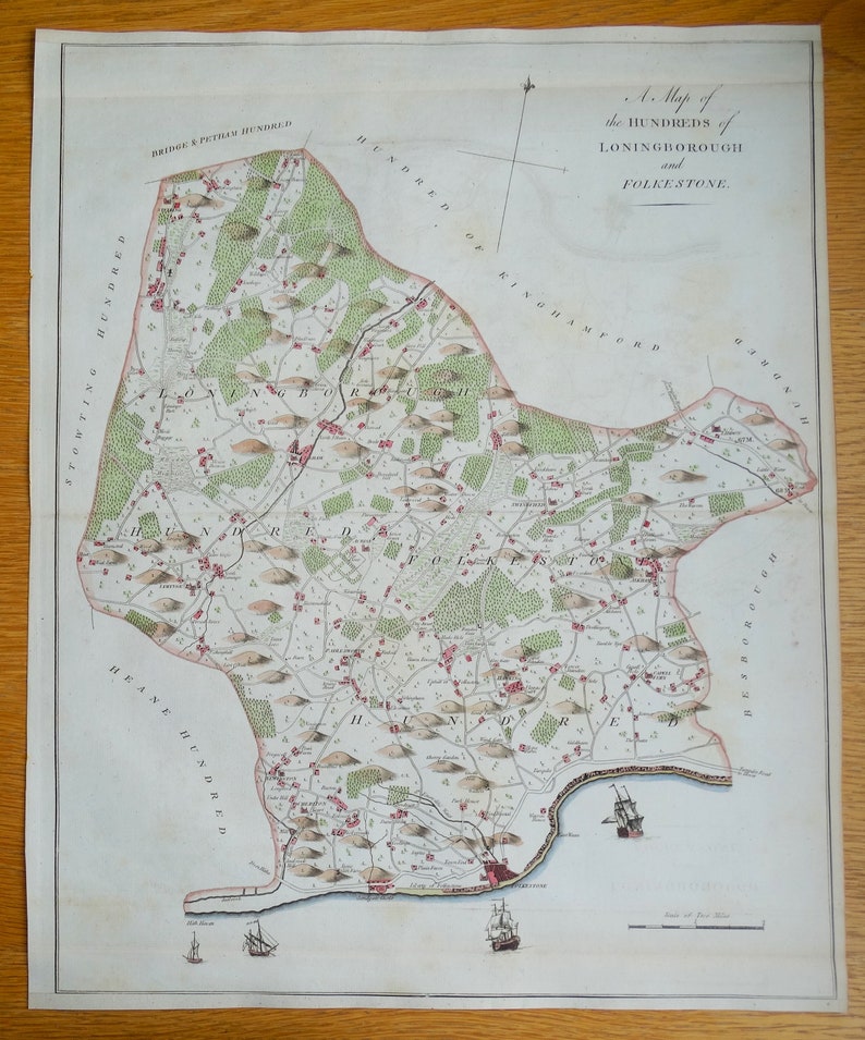 Antique Map FOLKESTONE HUNDRED, Hawkinge, Alkham, Elham, Swingfield ...